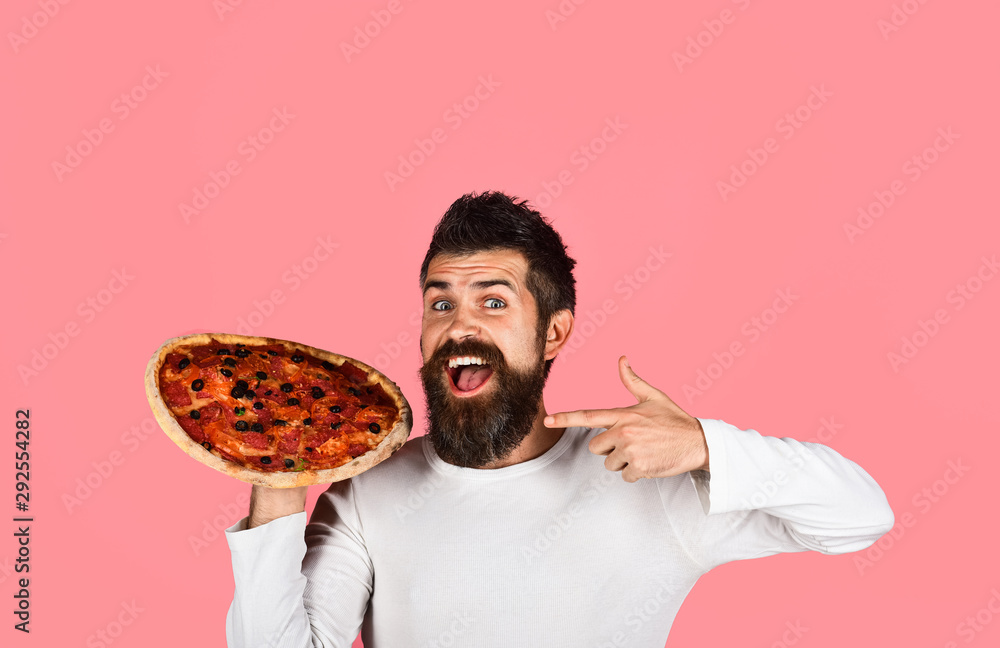 Man eating pizza. Bearded man with pizza. Food. Lunch. Happy man ...