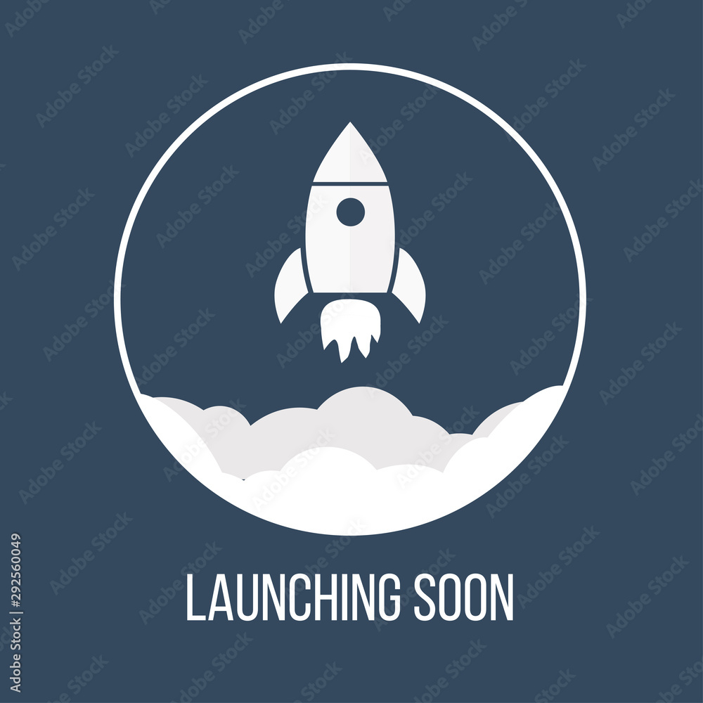 Start up launching soon, in a circle with white flat Rocket , app or ...