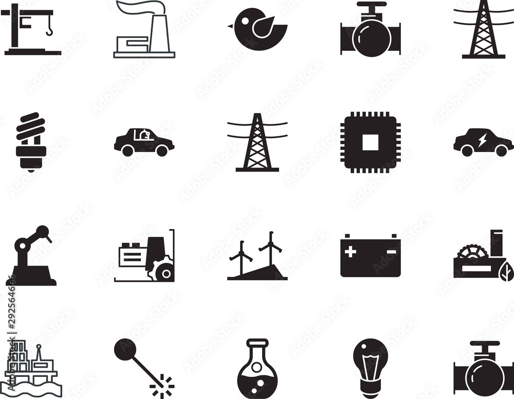 factory vector icon set such as: style, analysis, microchip, tool ...