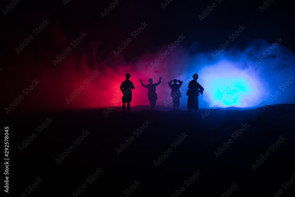 Battle scene. Military silhouettes fighting scene on war fog sky ...