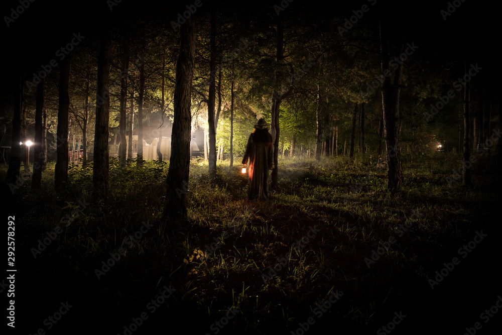 strange light in a dark forest at night. Silhouette of person standing ...
