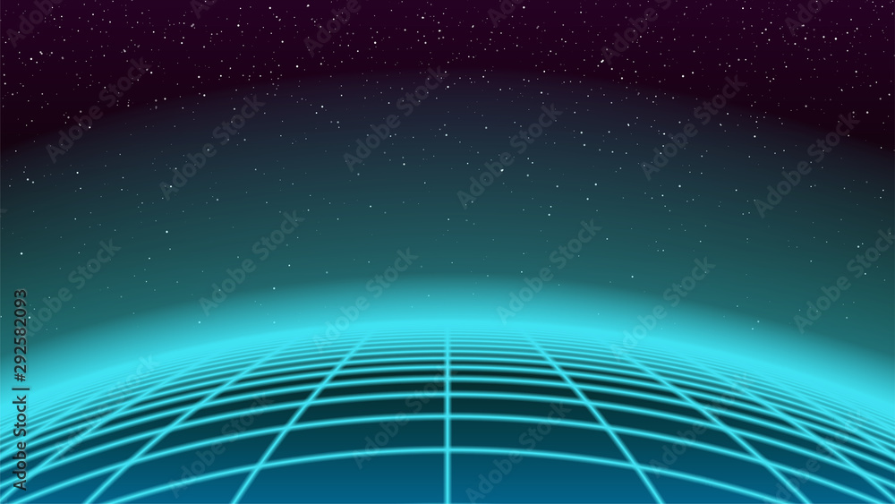Synthwave background. Retro futuristic 80s style illustration. Dark 3d backdrop with curved ...