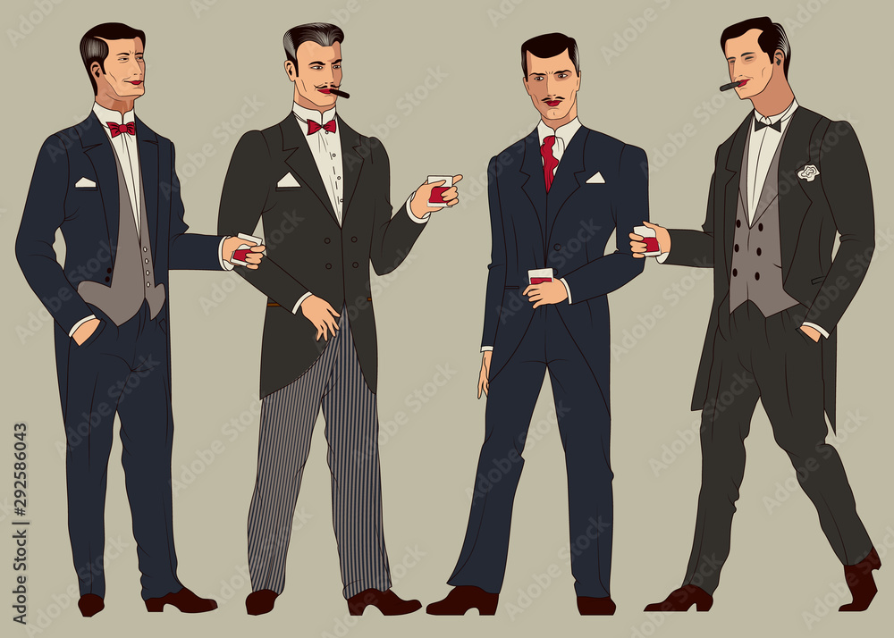 Set of four gentlemen in suits of the early 20th century. Stock Vector ...