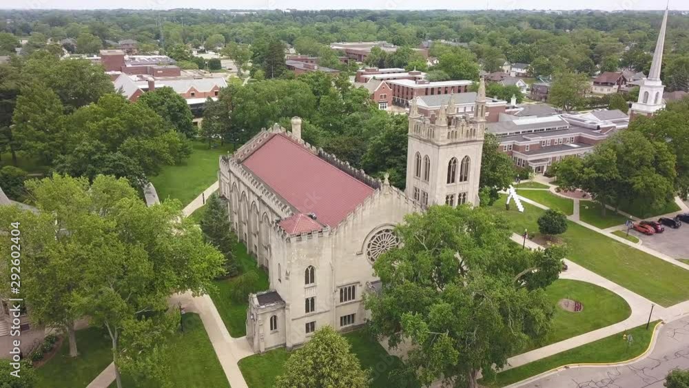 Aerial parallax of Dimnent Memorial Chapel at Hope College in Holland ...