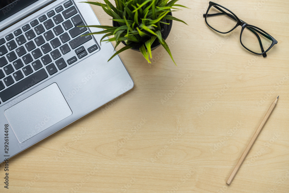 Office desk workspace and table background from top view above flat lay ...