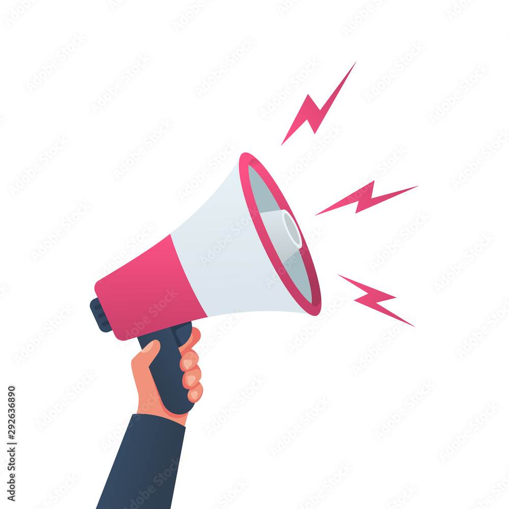 Attention please. Hand hold megaphone. Speaker, loudspeaker. Advertising and promotion symbol ...