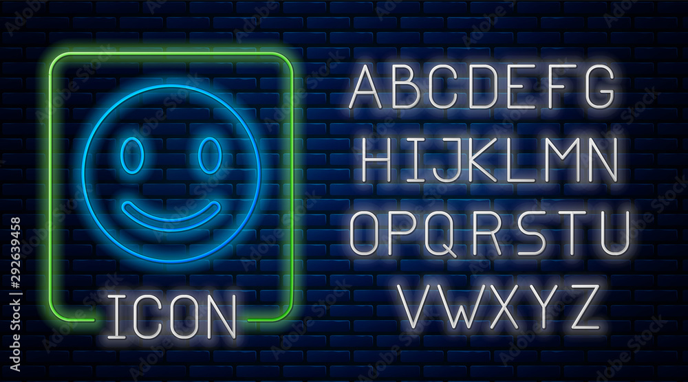 Glowing neon Smile face icon isolated on brick wall background. Smiling ...