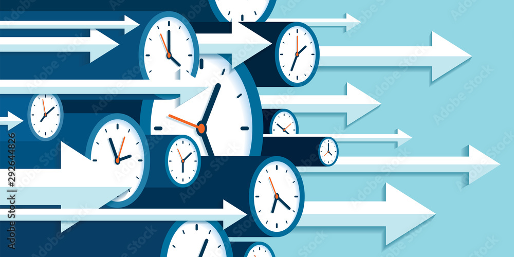Time forward. Fast decision. 3d Clock icons in flat style, right arrows ...
