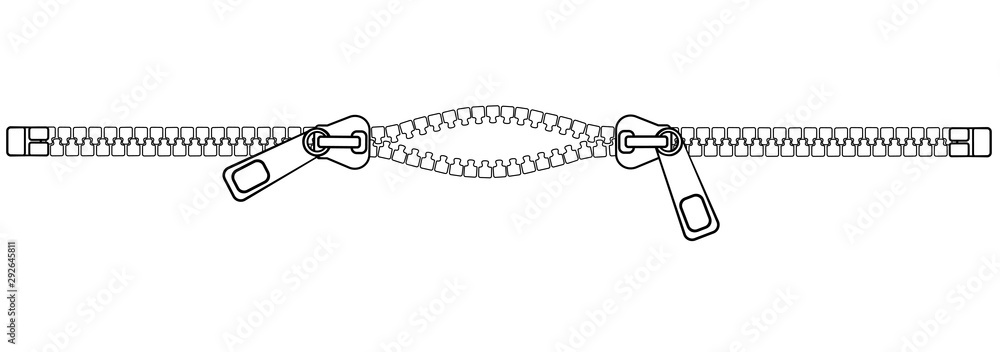 Horizontal zipper with two sliders, slightly ajar. Half open zipper ...