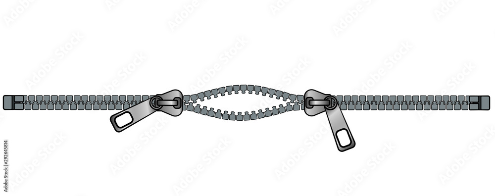 Horizontal zipper with two sliders, slightly ajar. Half-open zipper ...