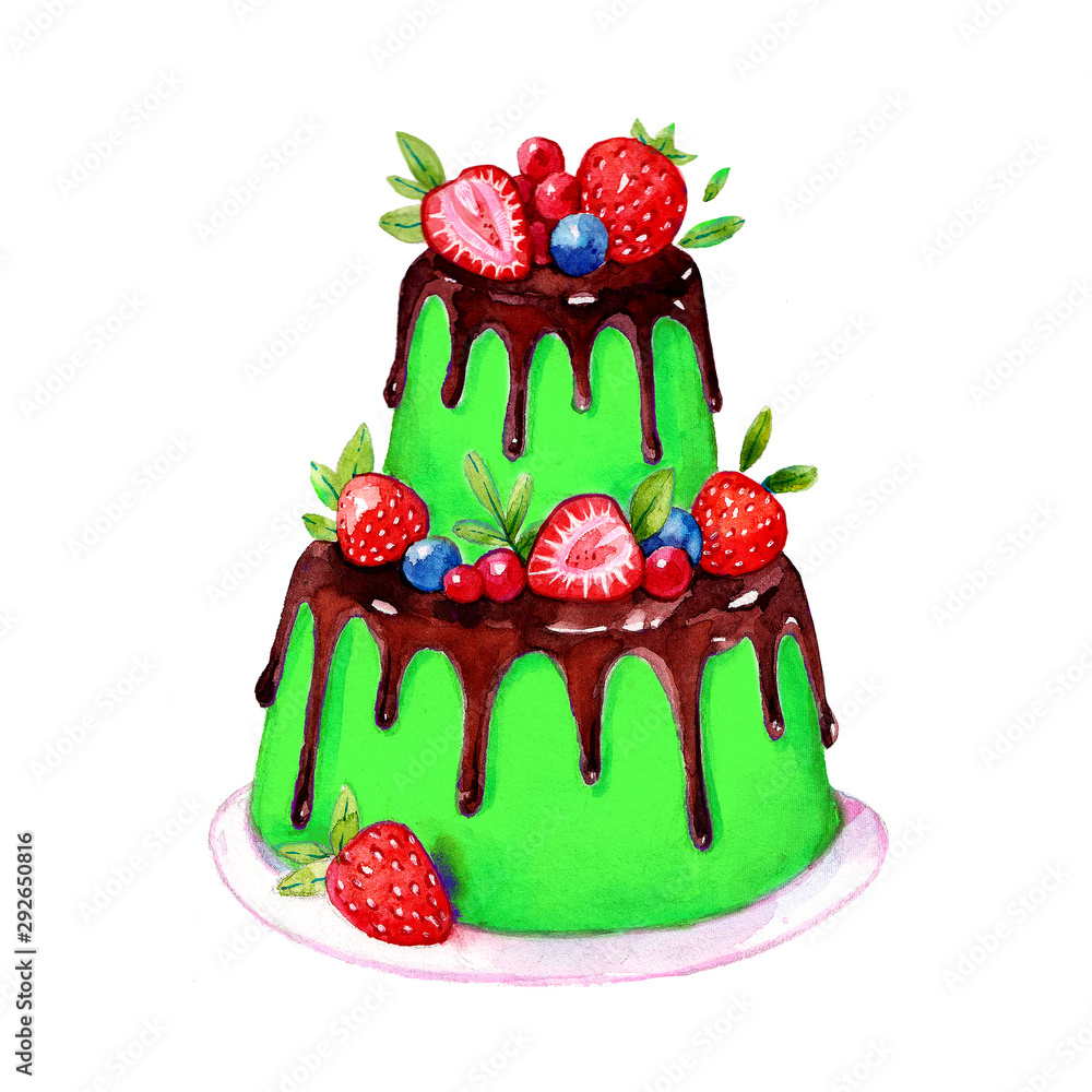 Cartoon green sweet Birthday cake with chocolate topping and strawberry ...