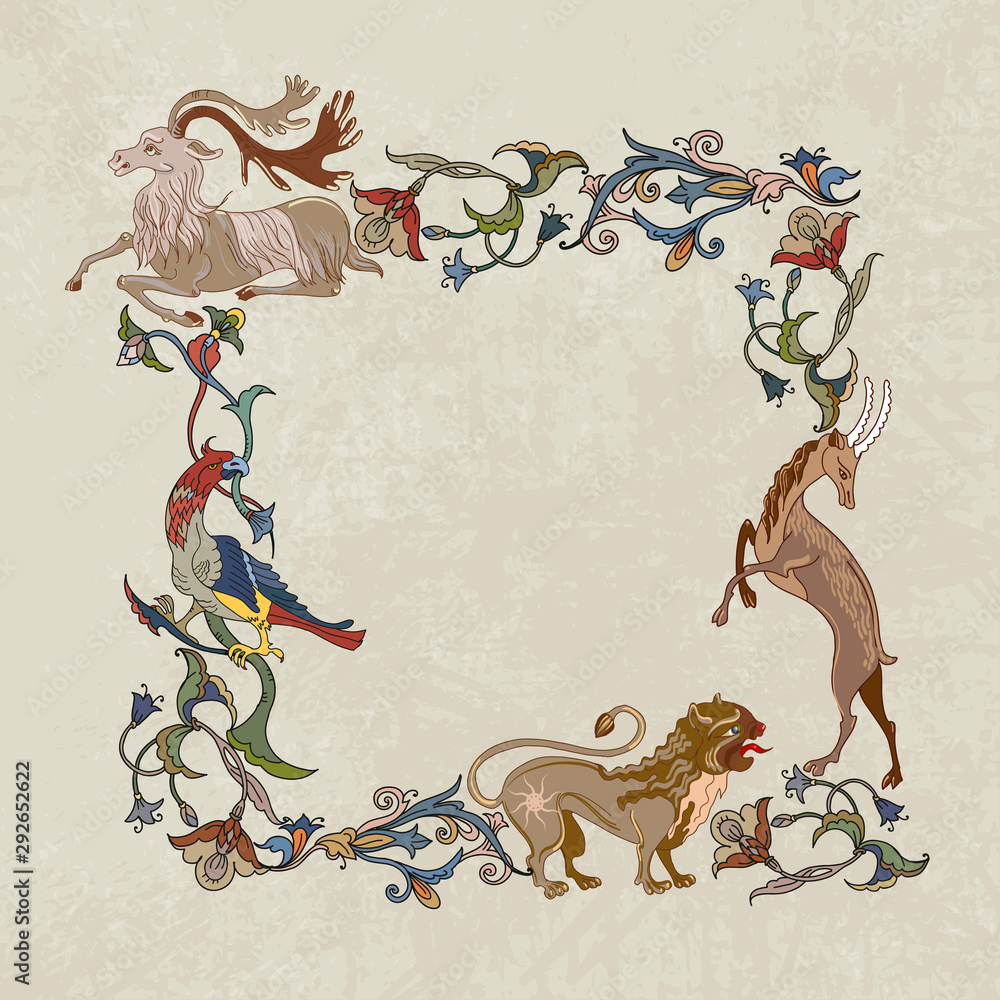 Medieval frame. Elegant baroque . Gothic style. Mythical creatures of ...