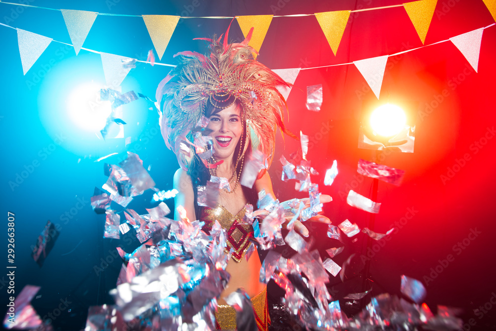 Carnival, belly dance and holiday concept - Beautiful female samba ...