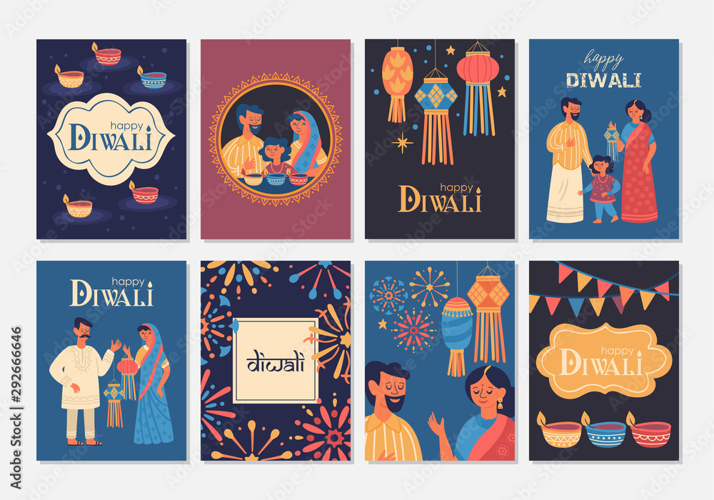 Diwali Hindu festival greeting card design set. Stock Vector | Adobe Stock