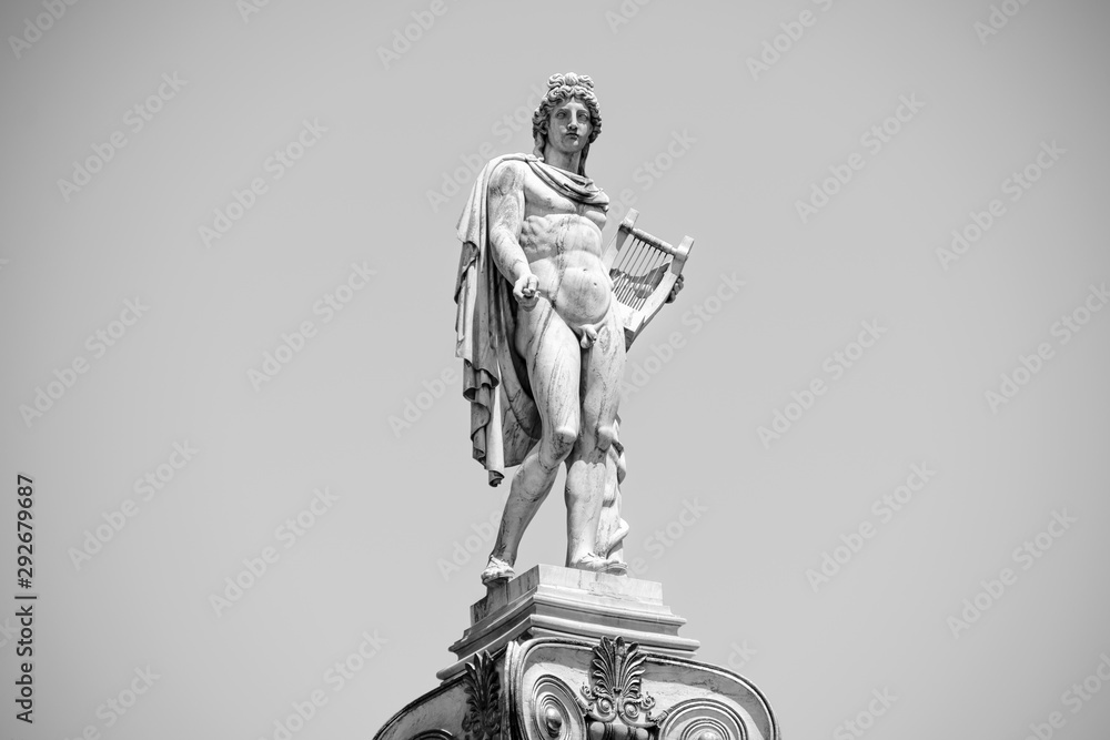 Black and white photo shows the statue of ancient Greek god Apollo ...