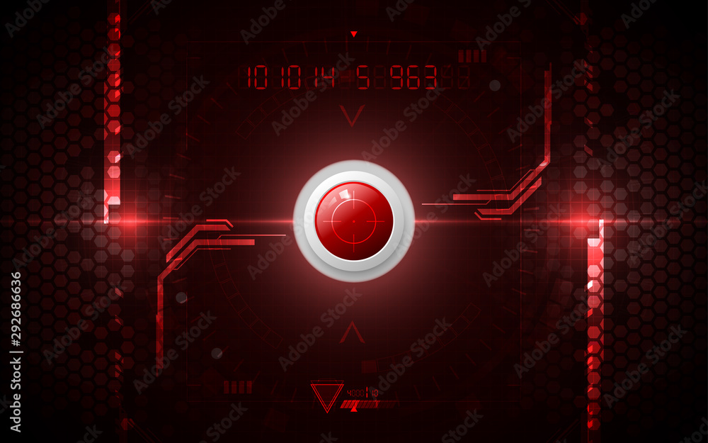 Realistic red circle game button on abstract technology background ...