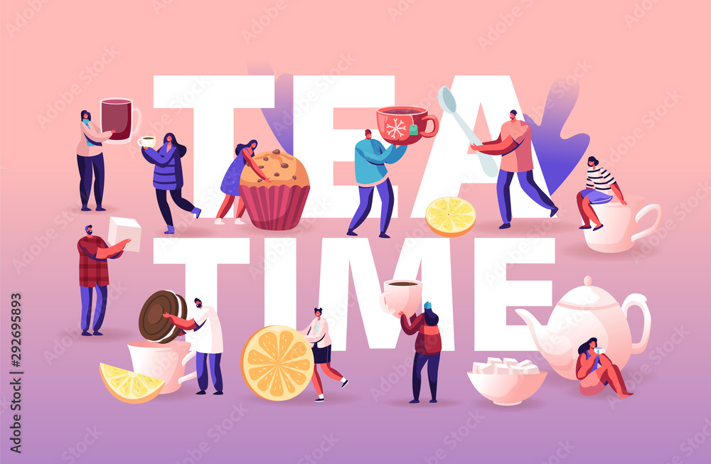 Tea Time Concept with Tiny Men and Women Drink Tea with Pastry, Rolling ...
