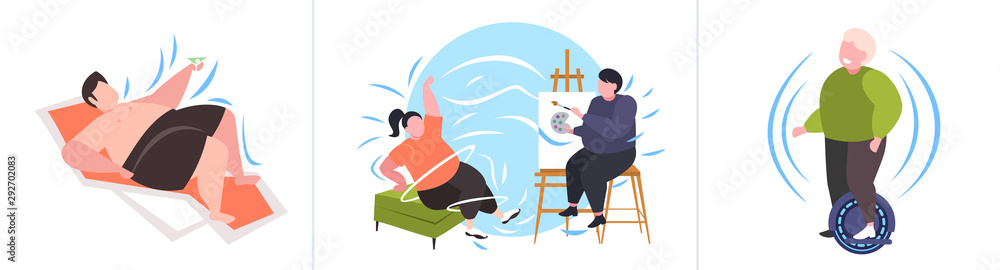 set fat obese people in different poses overweight male female ...