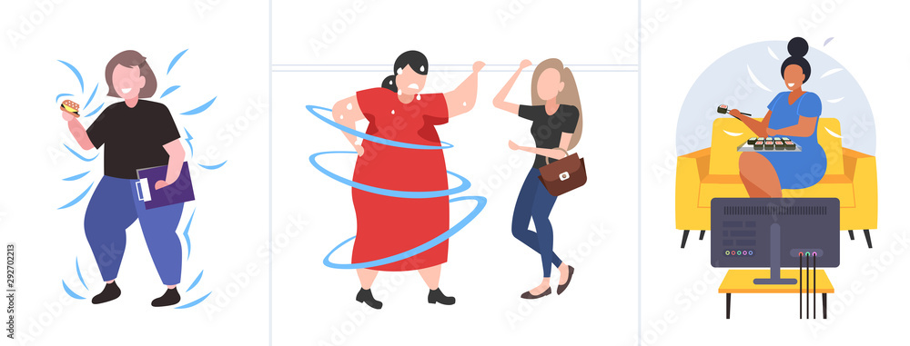 set fat obese people in different poses overweight mix race male female ...