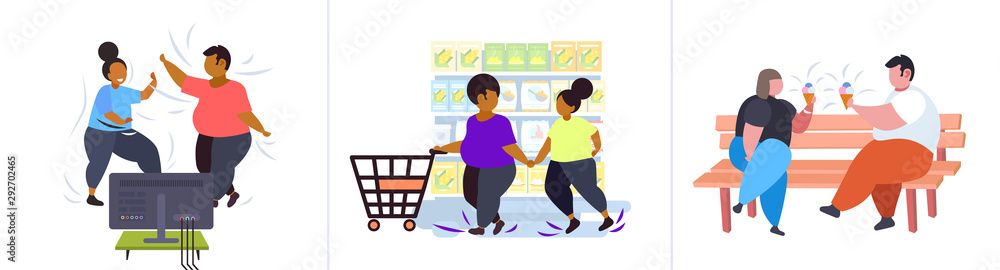 set fat obese people in different poses overweight mix race male female ...
