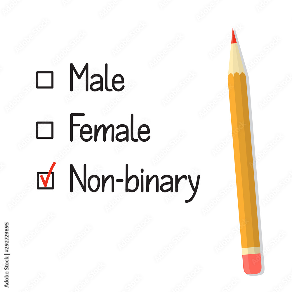 Check boxes with three gender options, red tick and pencil. Non binary ...