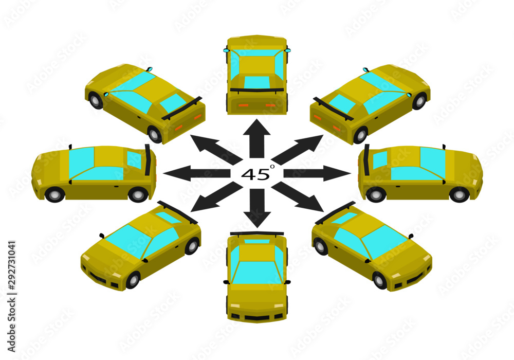 Rotation of the sport car by 45 degrees. Yellow sports car in different ...