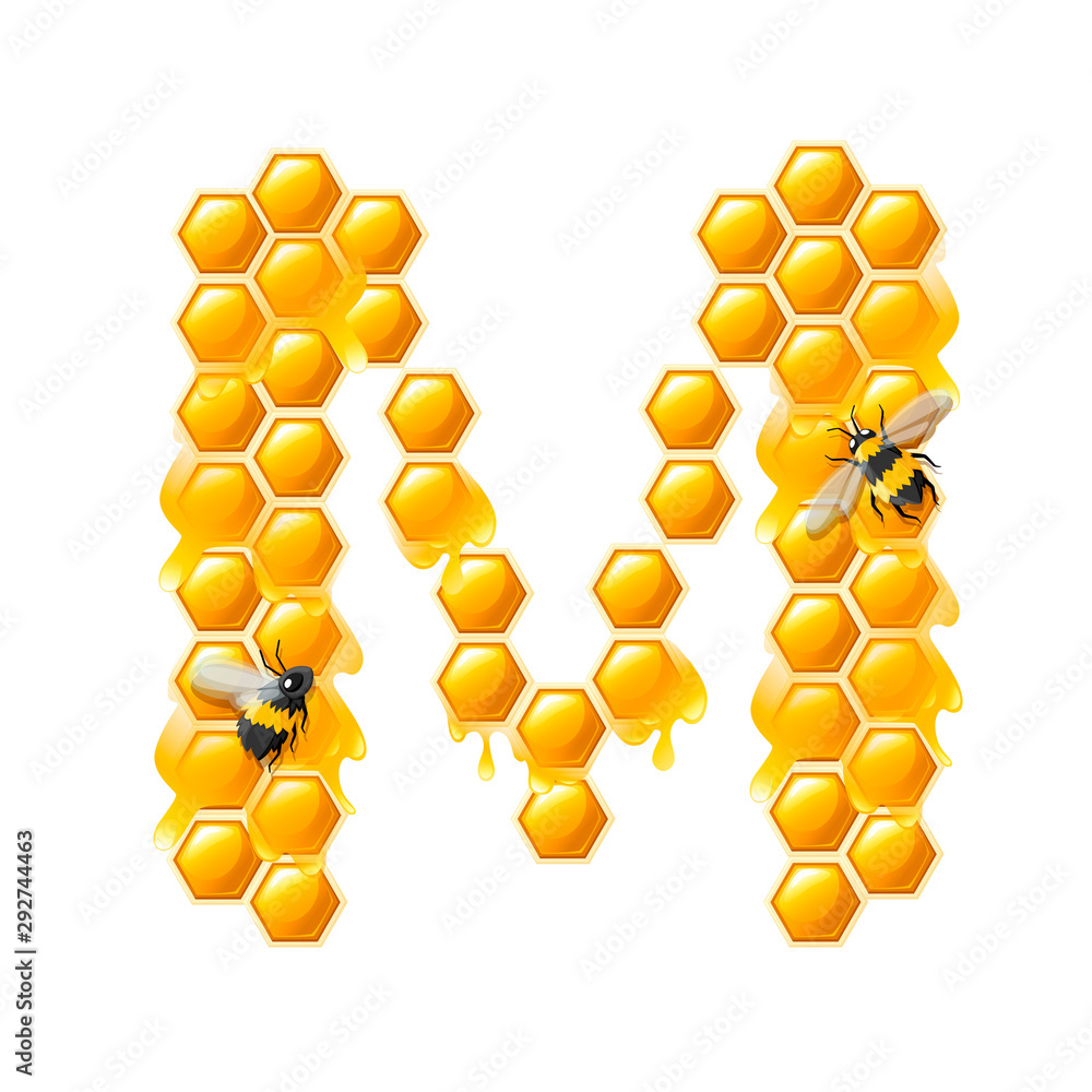 Honeycomb letter M with honey drops and bee flat vector illustration ...