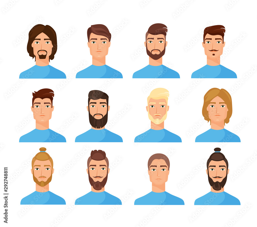 Male faces flat vector illustrations set. Cartoon men characters pack ...
