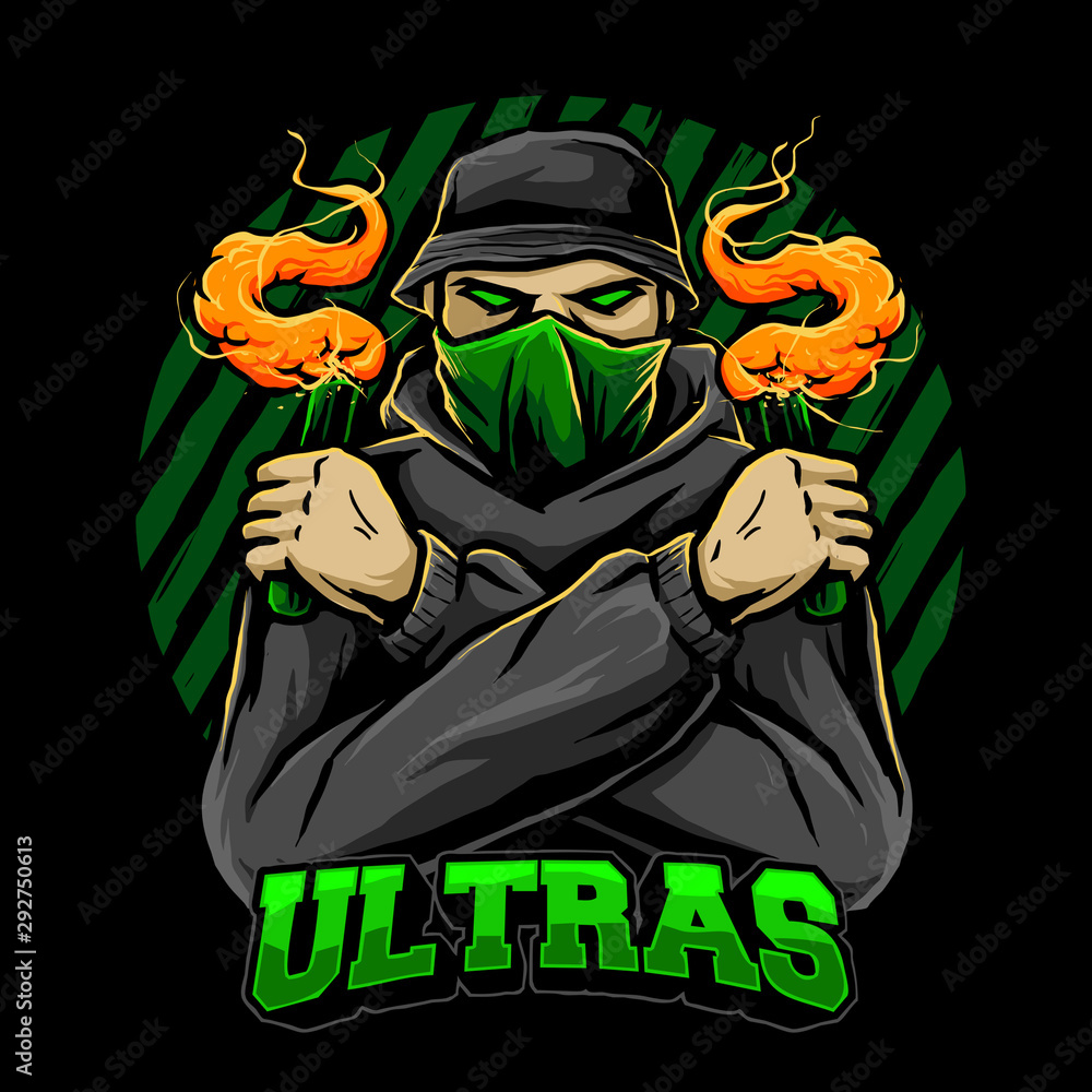 ultras soccer supporter with smoke bomb or pyro with black hoodie ...