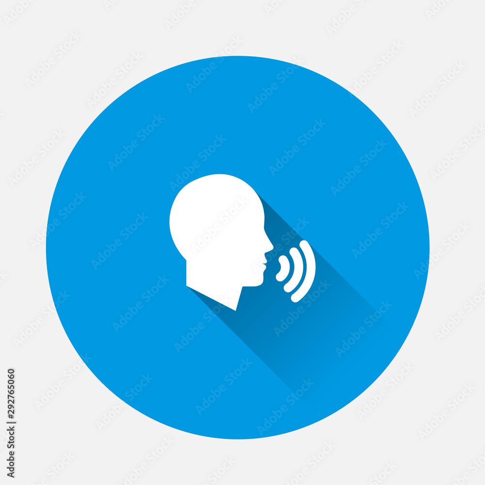 Vector icon voice command, man talking. Sound voice on blue background ...