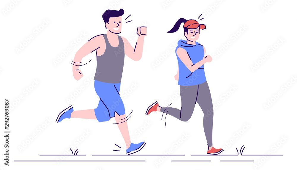 Jogging caucasian man and woman flat vector illustration. Sport ...