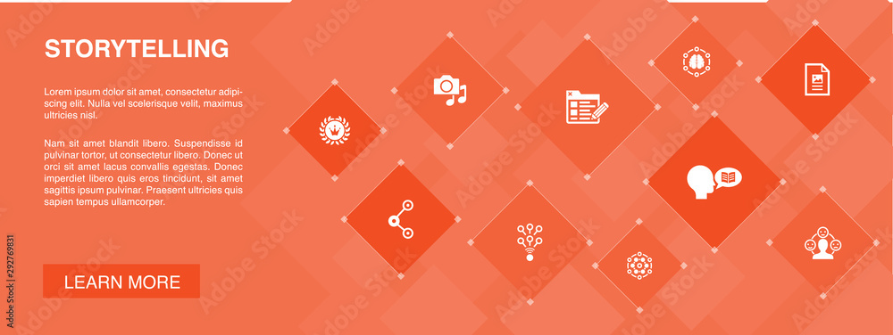 storytelling banner 10 icons concept.content, viral, blog, emotion ...