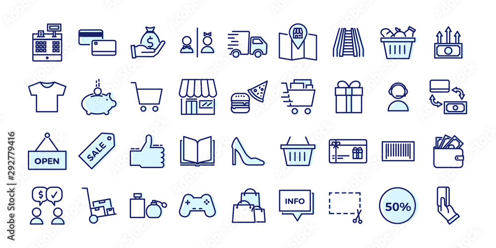 Icons related with commerce, shops, shopping malls, retail. Vector ...