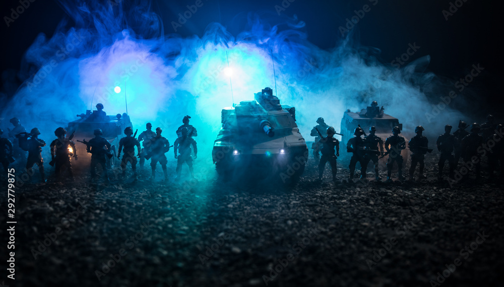 Military patrol car on sunset background. Army war concept. Silhouette ...