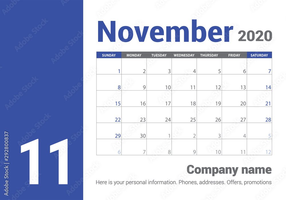 November 2020 calendar. English planner. Сolor vector template. Week ...