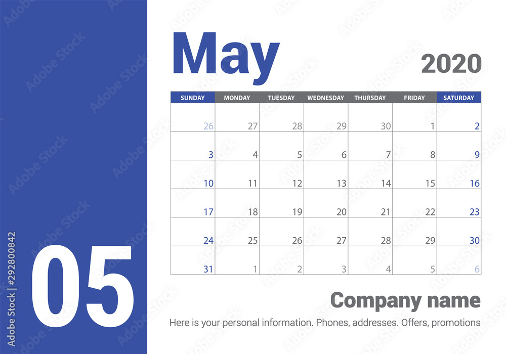 May 2020 calendar. English planner. Сolor vector template. Week starts ...