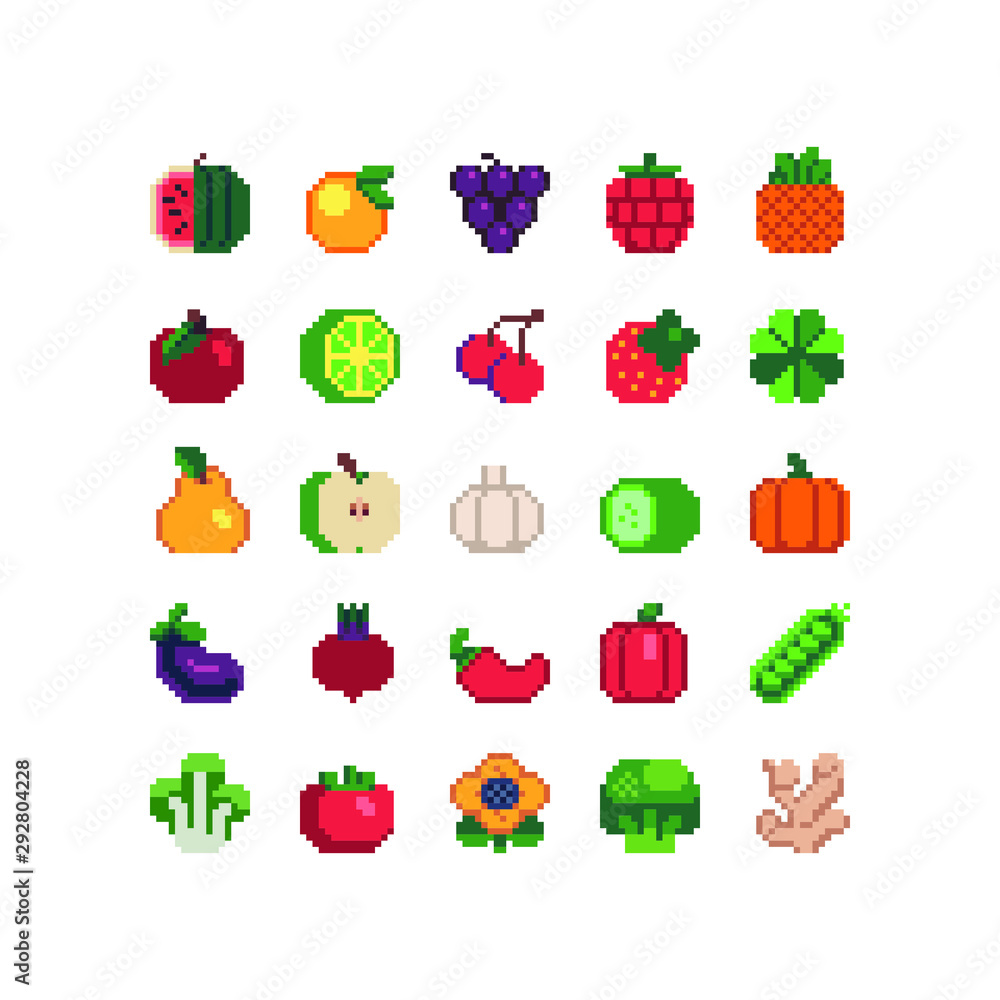 Fruits and vegetables pixel art icons set mushrooms and nuts isolated ...