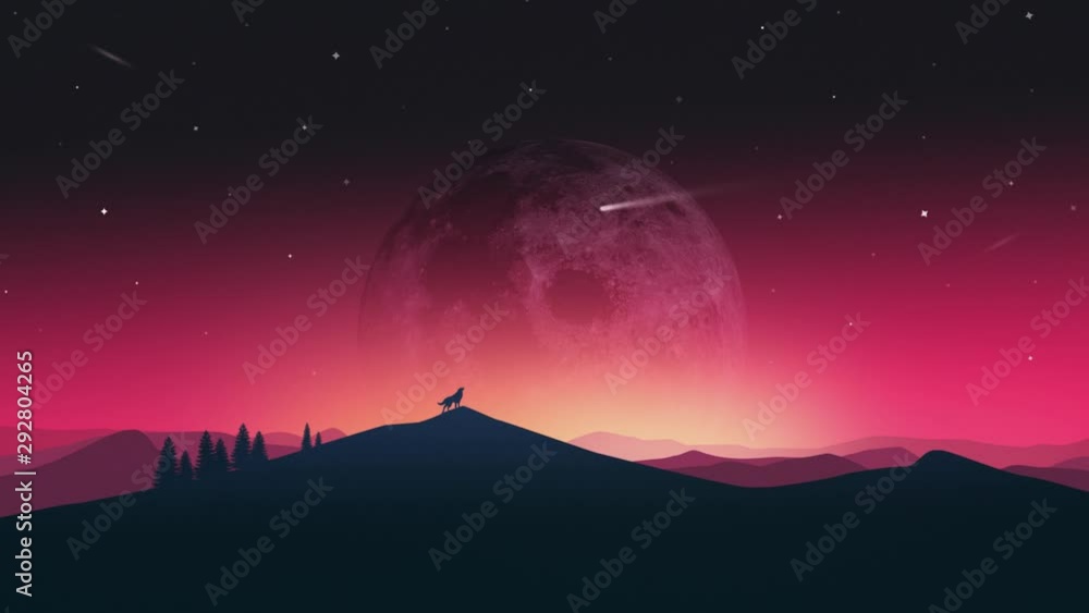 Flat animation of mountainous desert at dusk while a wolf howls at the ...