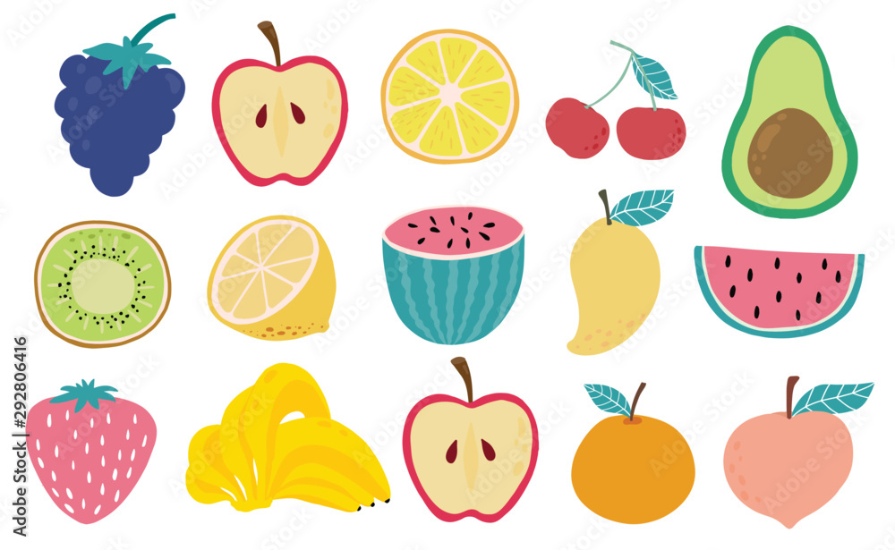 Cute fresh fruit object collection with watermelon,apple,strawberry ...