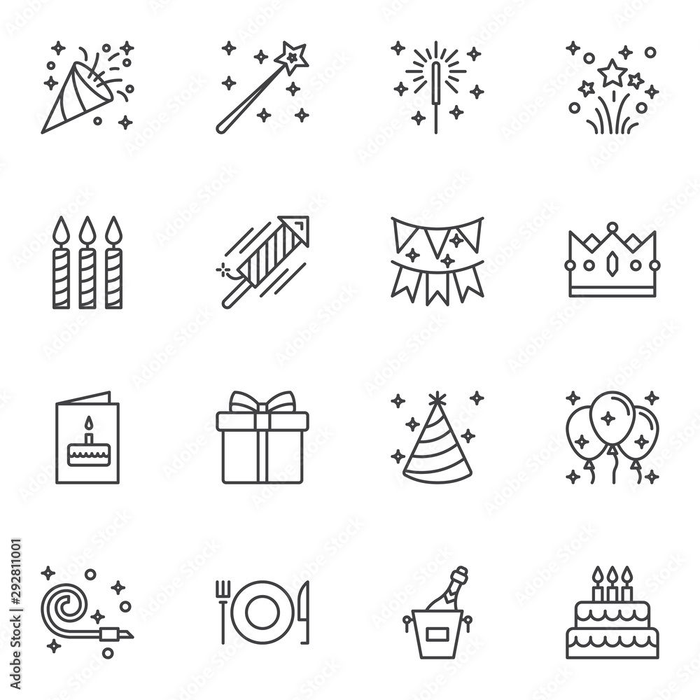 Party decoration line icons set. linear style symbols collection ...