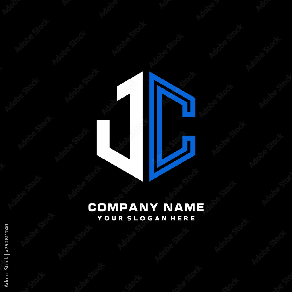 Initial letter JC minimalist line art hexagon shape logo. color blue ...