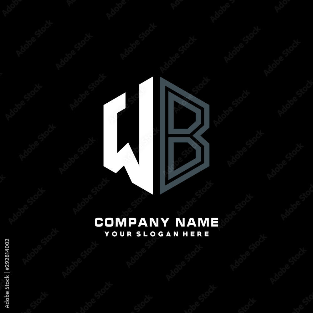 Initial letter WB minimalist line art hexagon shape logo. color blue ...