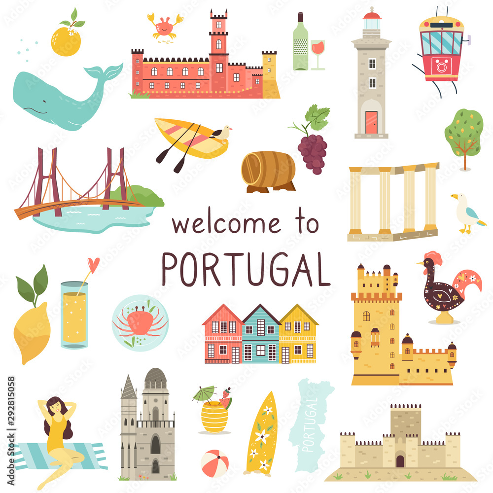 Set of Portuguese icons landmarks elements animals Stock Vector | Adobe ...