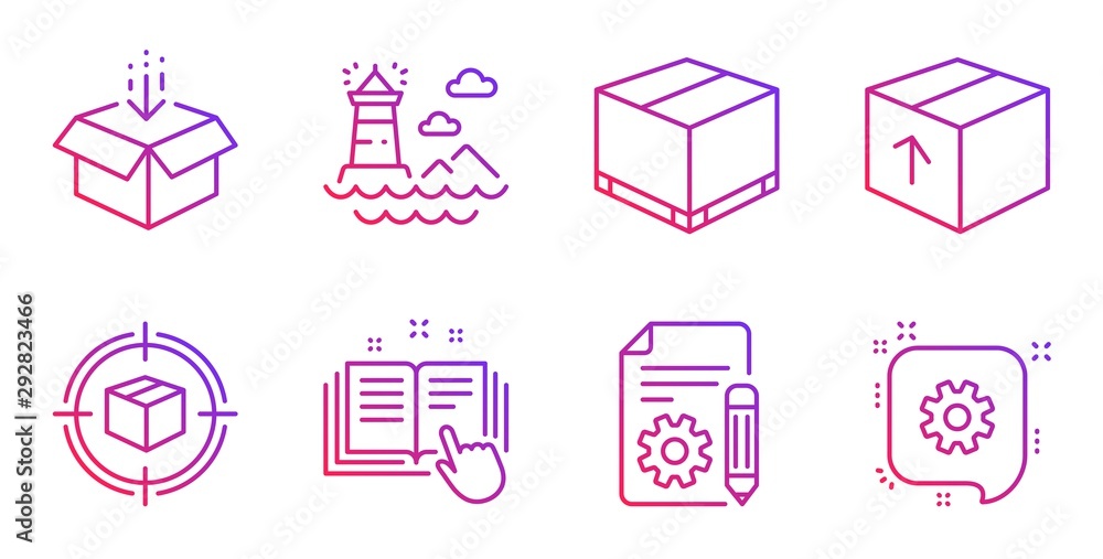 Technical documentation, Lighthouse and Delivery box line icons set ...