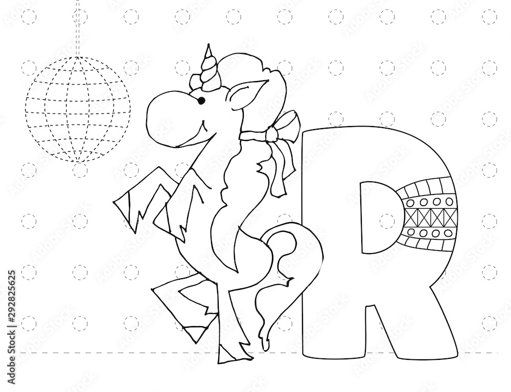 Letter R and funny cartoon unicorn. Animals alphabet a-z. Coloring page ...