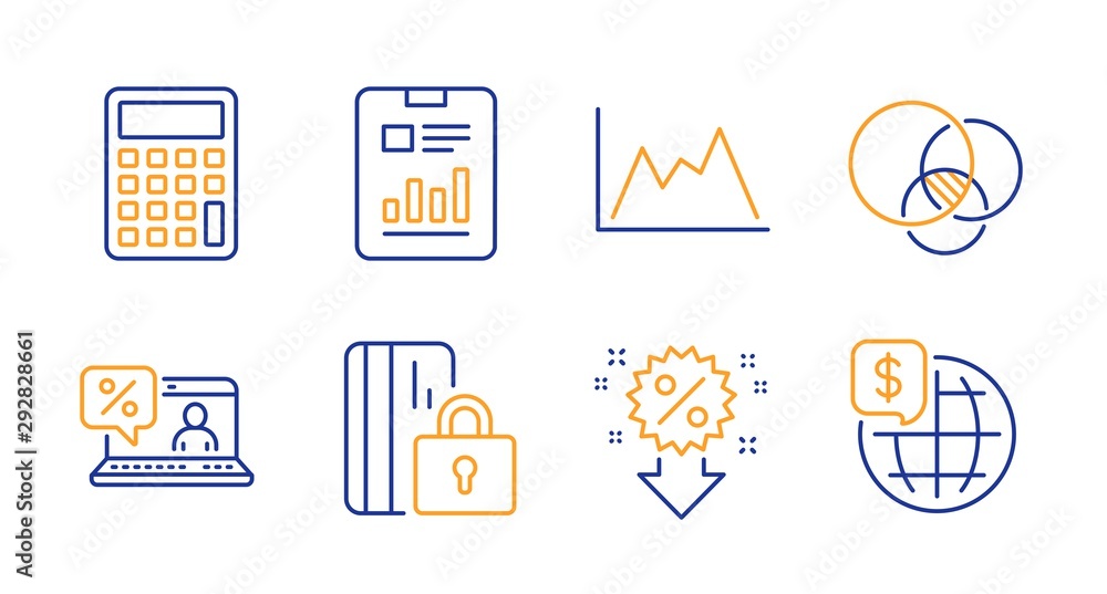 Calculator, Diagram and Online loan line icons set. Discount, Report ...