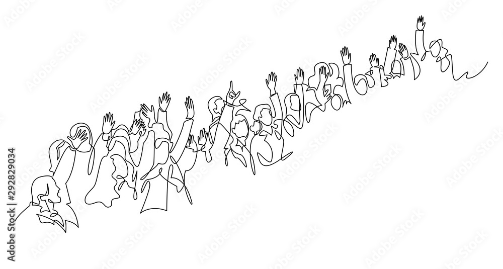 Cheerful crowd cheering illustration. Hands up. Group of applause ...