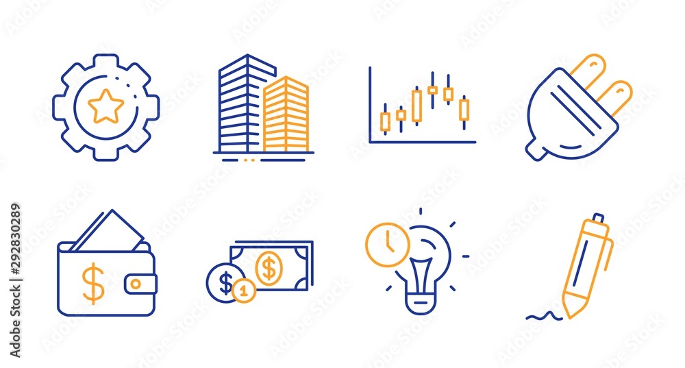 Electric plug, Candlestick graph and Dollar money line icons set ...