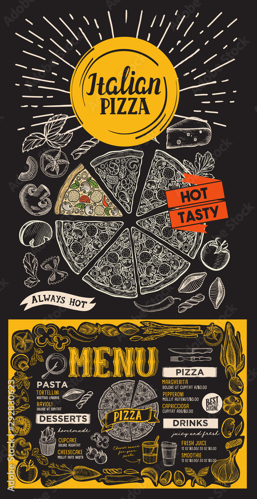 Pizza menu food template for restaurant with doodle hand-drawn graphic ...