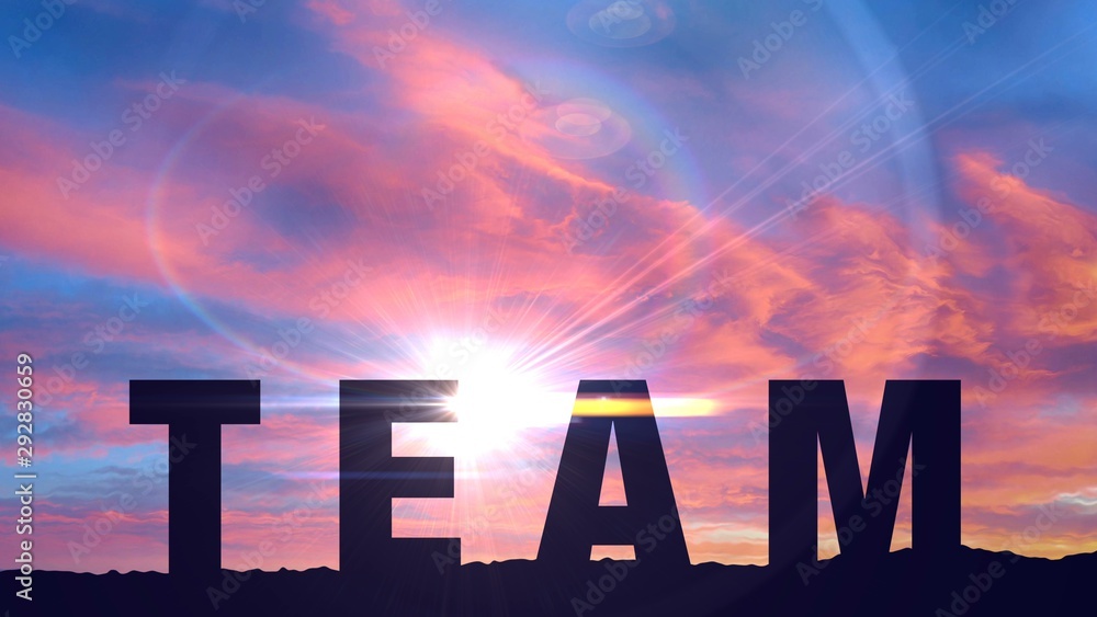 Team letters stand on ground at dawn, inspired teamwork symbol, work ...
